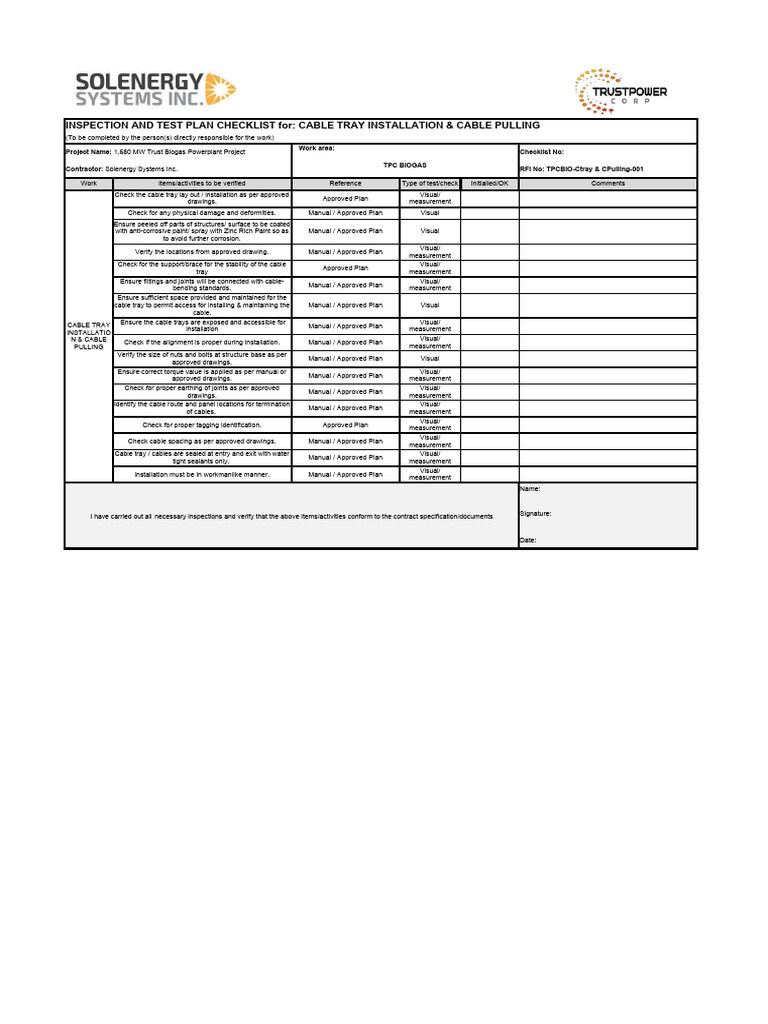 Cable Tray Installation and Cable Pulling Checklist | PDF