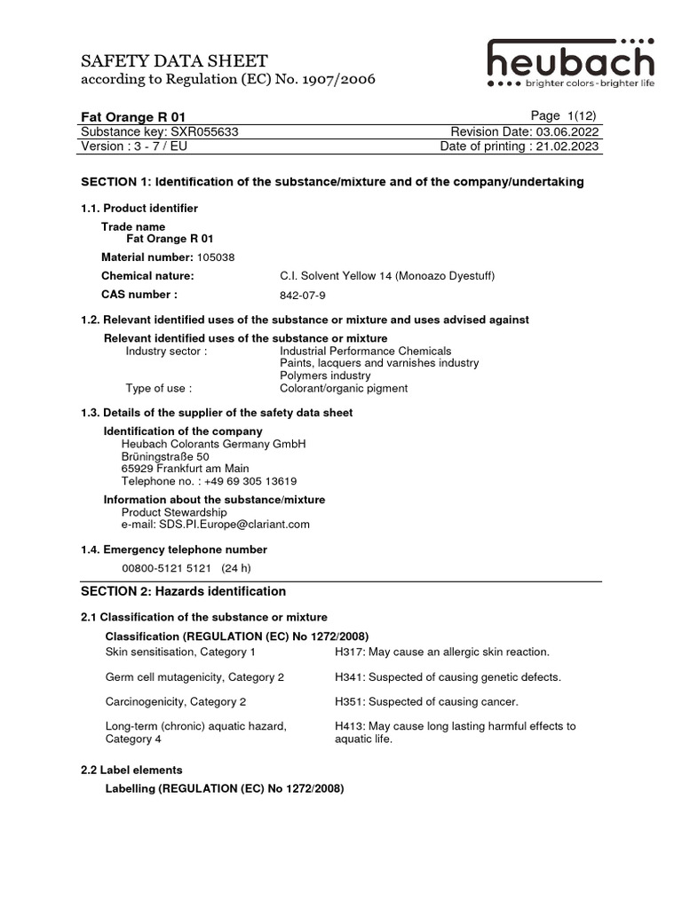 Heubach SDS Fat Orange R 01 European Community English | PDF | Toxicity ...