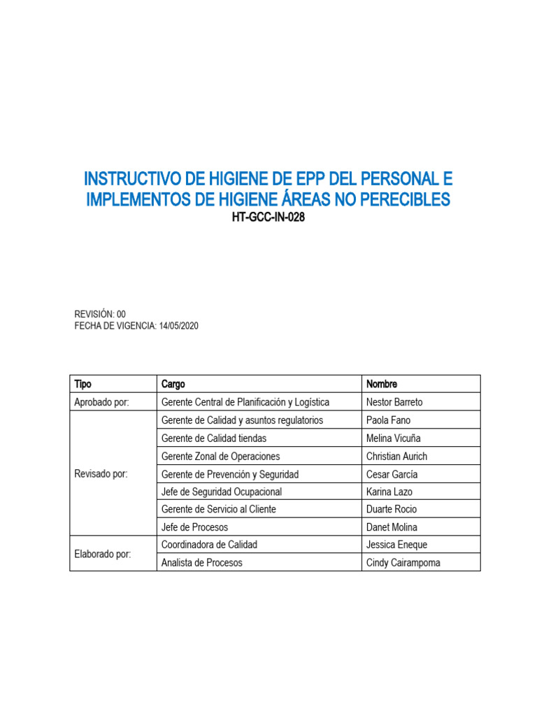 HT_GCC_IN_028_HIGIENE DE EPP DEL PERSONAL E IMPLEMENTOS DE HIGIENE ÁREAS NO PERECIBLES_V00 | PDF ...