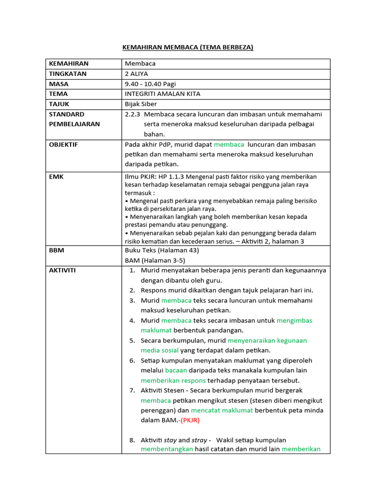 RPH PKJR F2 Kemahiran Membaca - Aliya | PDF