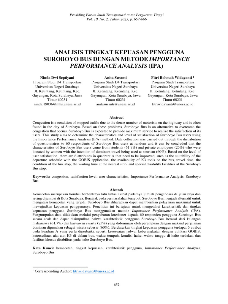 Analisis Tingkat Kepuasan Pengguna Suroboyo BUS Dengan Metode (IPA) | PDF | Komputer