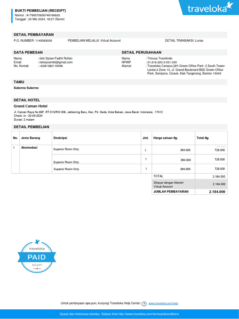 Traveloka Hotel Booking Receipt | PDF
