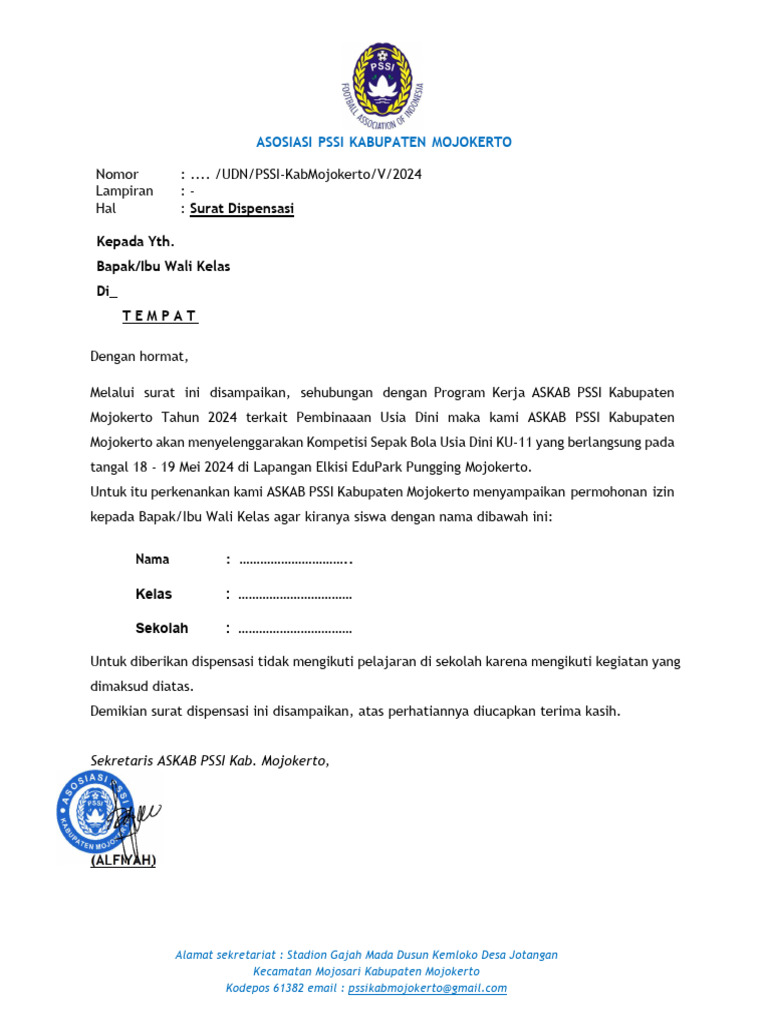 Surat Dispensasi Kompetisi Sepak Bola | PDF