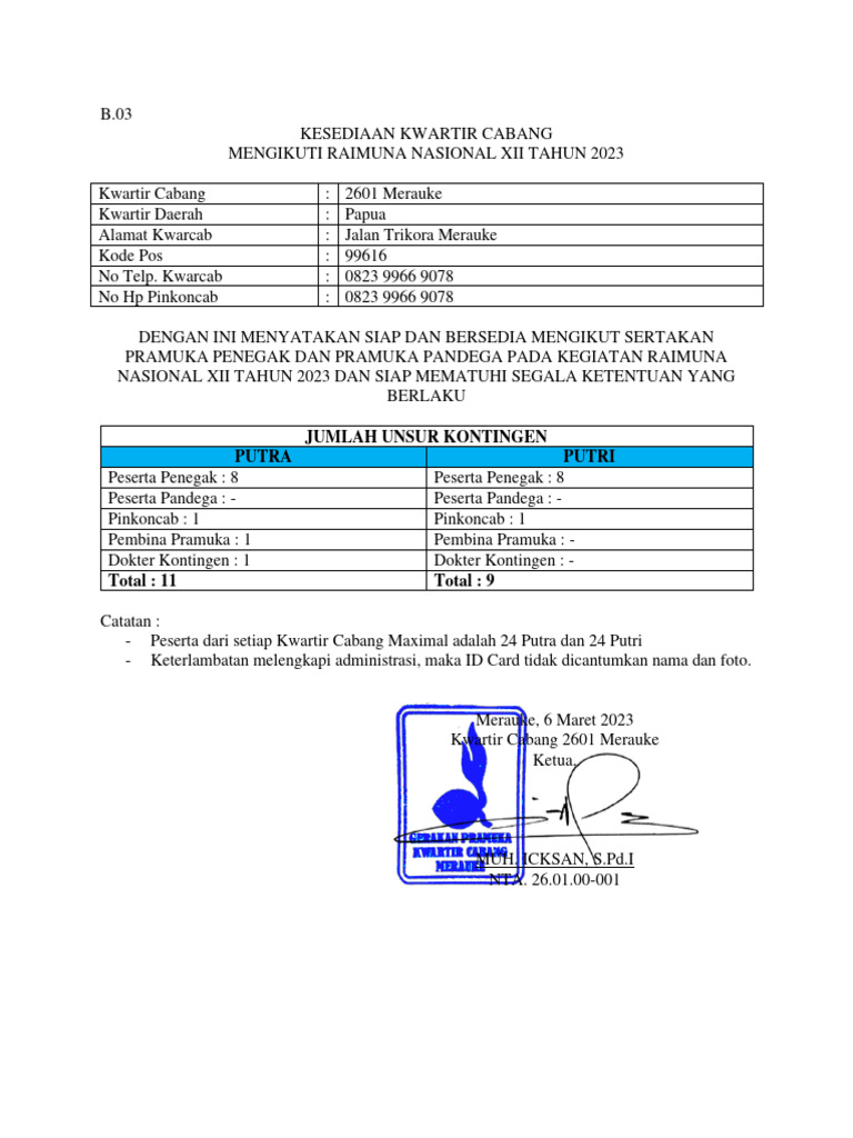 Form b03 Kesediaan Kwarcab Merauke | PDF