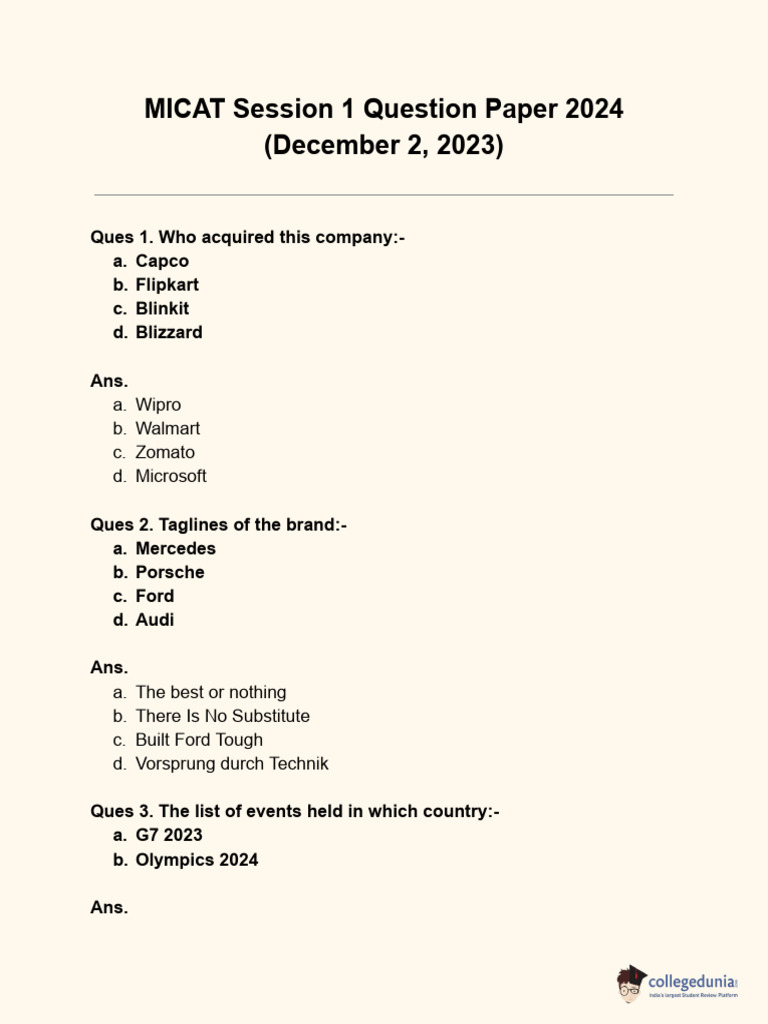 MICAT Session 1 Question Paper | PDF