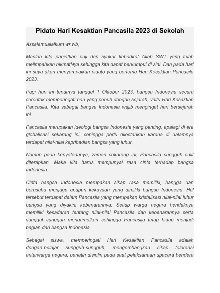 Pidato Hari Kesaktian Pancasila 2023 Di Sekolah | PDF