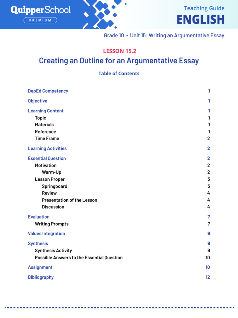 ME Eng 10 Q2 1502 - TG - Creating An Outline For An Argumentative Essay ...
