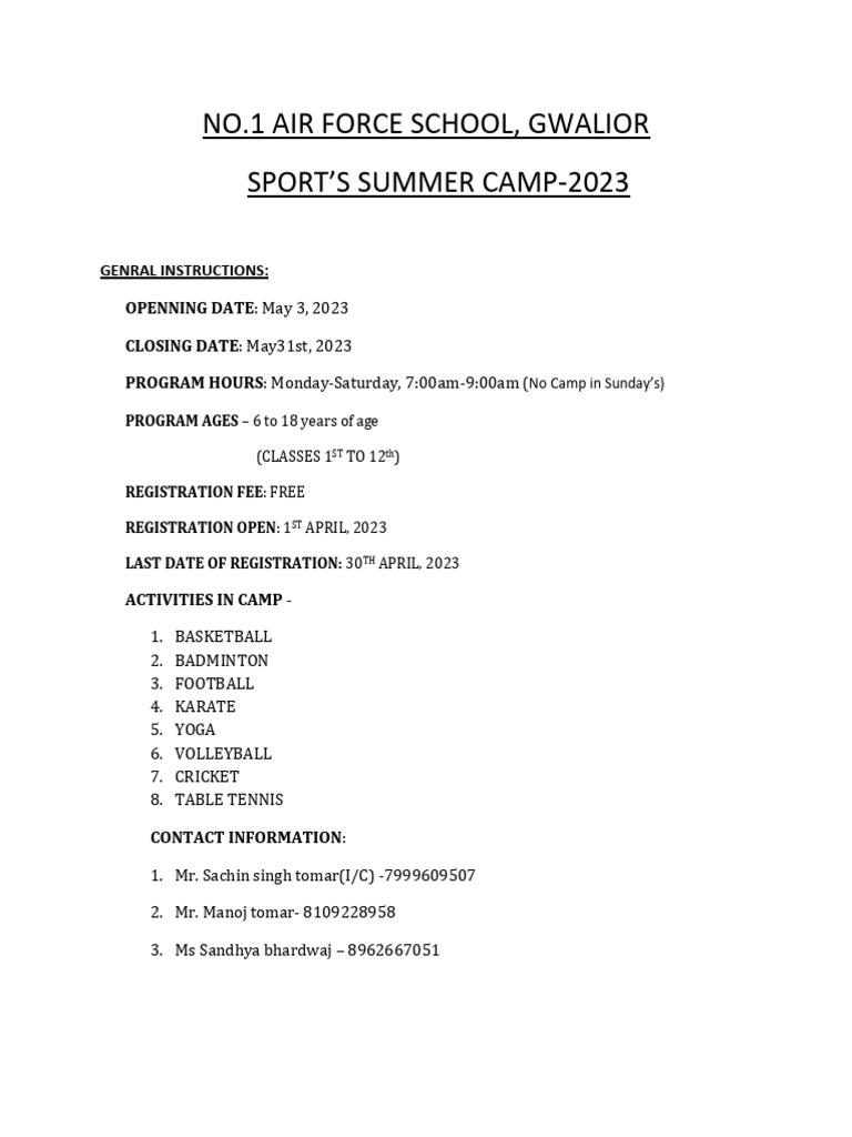 Summer Camp Information 2023 Pdf