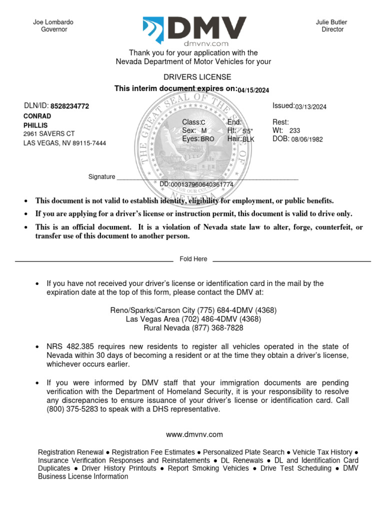 Nevada DMV Interim Driver License | PDF | Driver's License | Department ...
