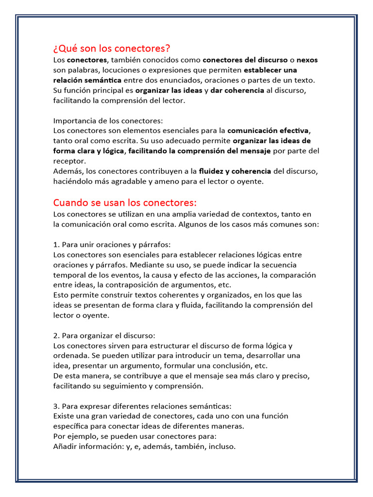 Importancia y tipos de conectores | PDF | Comprensión lectora | Hablar ...