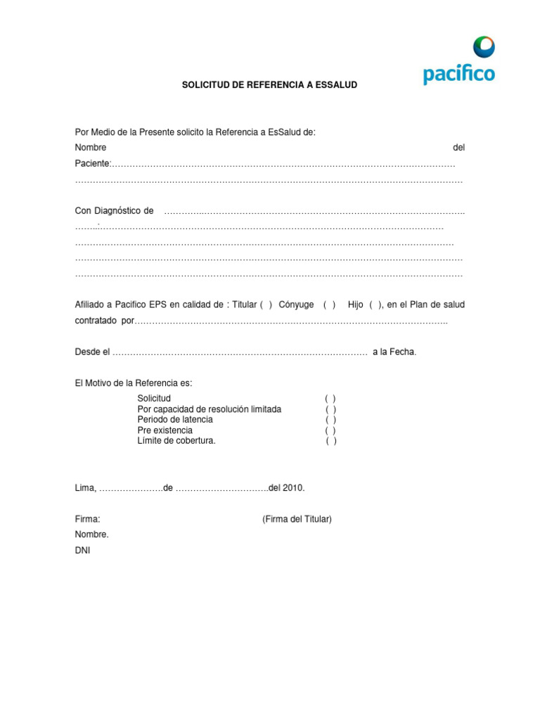 Solicitud de Referencia a EsSalud | PDF | Medicina CLINICA | Cuidado de ...