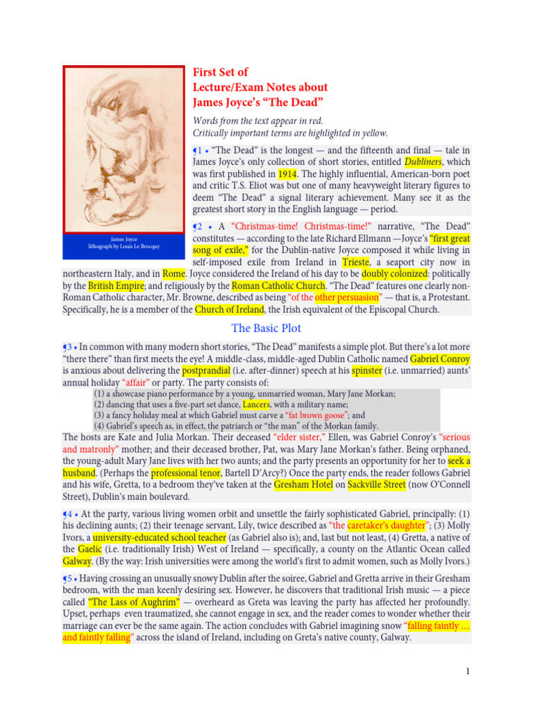 First Set of Lecture-Exam Notes About James Joyce’s “the Dead” | PDF