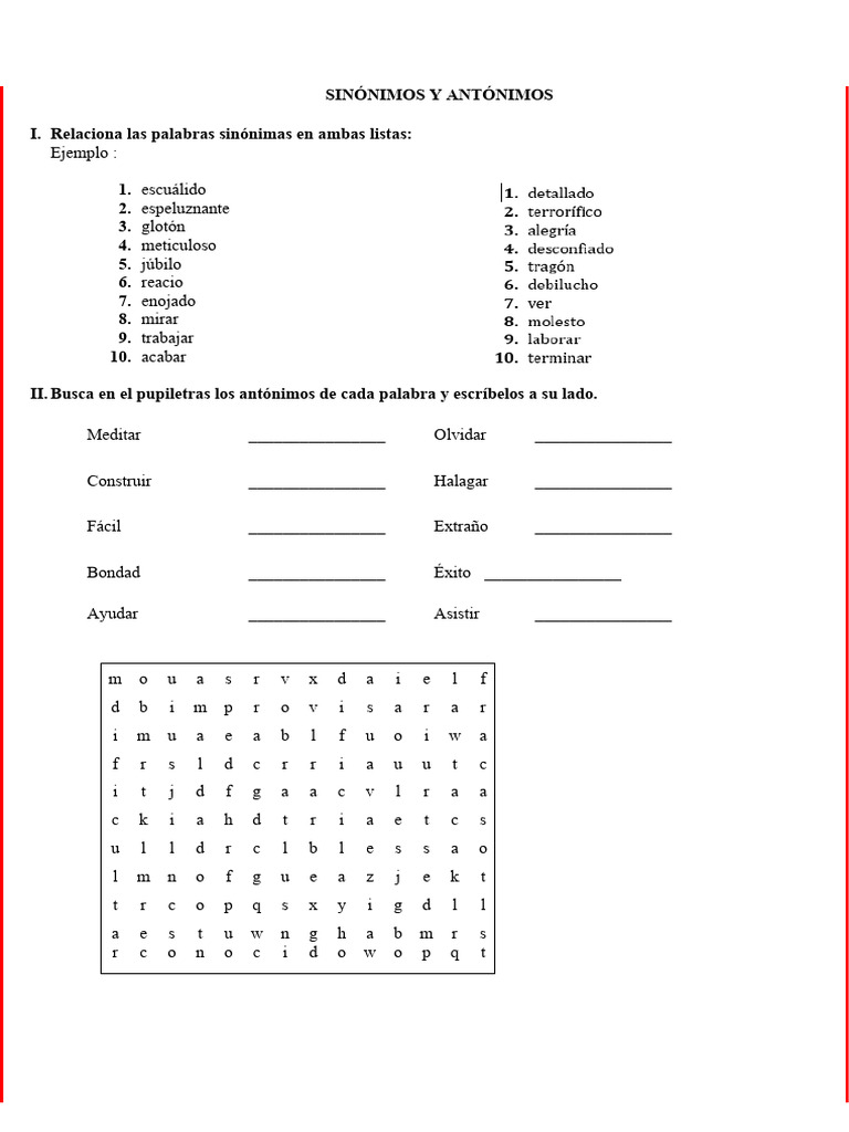 Ejercicios de Sinonimos y Antonimos | PDF