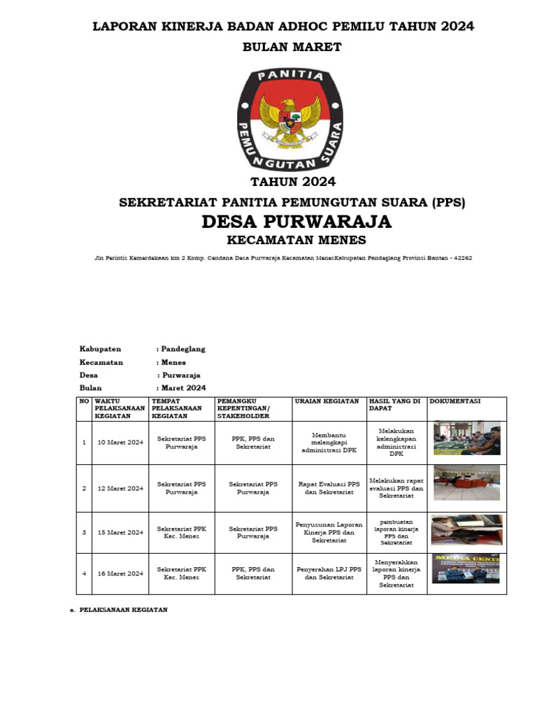Lapkin Sekretariat PPS Desa Purwaraja Maret 2024 | PDF