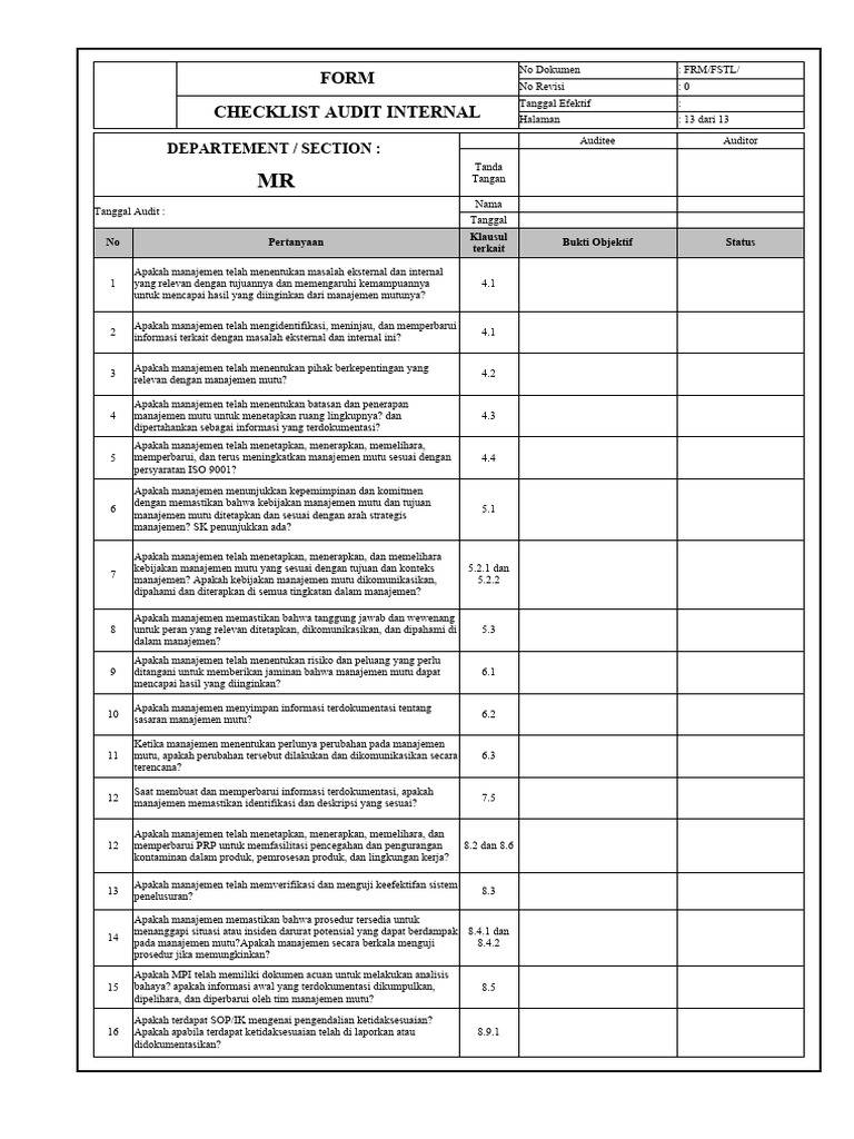 Form Check List Audit Proses | PDF