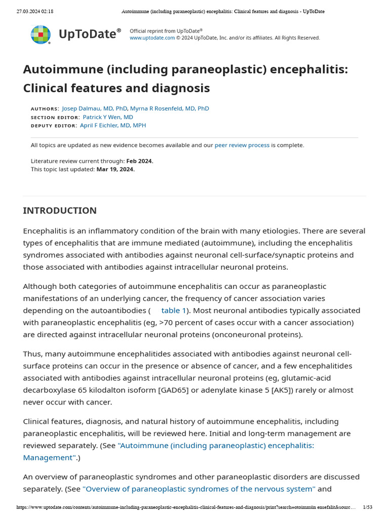 Autoimmune (Including Paraneoplastic) Encephalitis - Clinical Features ...