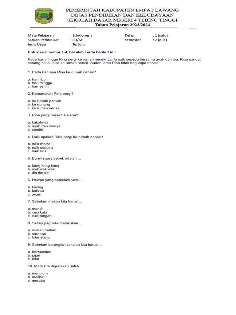 Soal Kelas 1 Semester 2 | PDF | Seni & Disiplin Bahasa