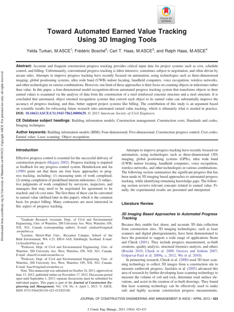 2013 - Toward Automated Earned Value Tracking Using 3D Imaging Tools ...