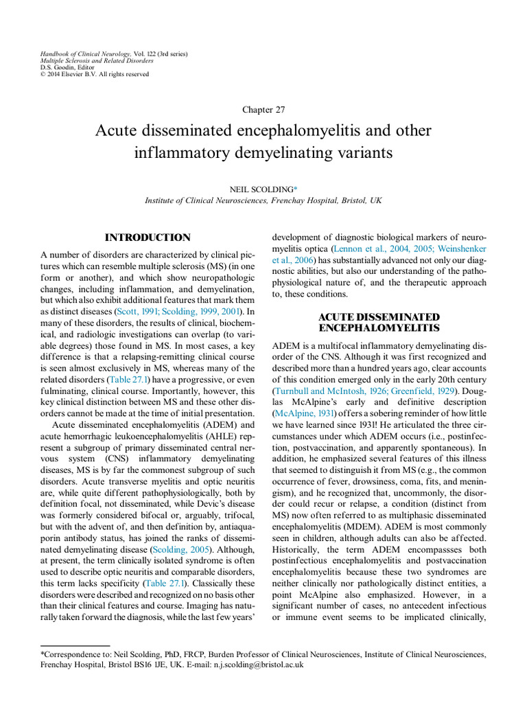 Acute Disseminated Encephalomyelitis and Other Inflammatory ...