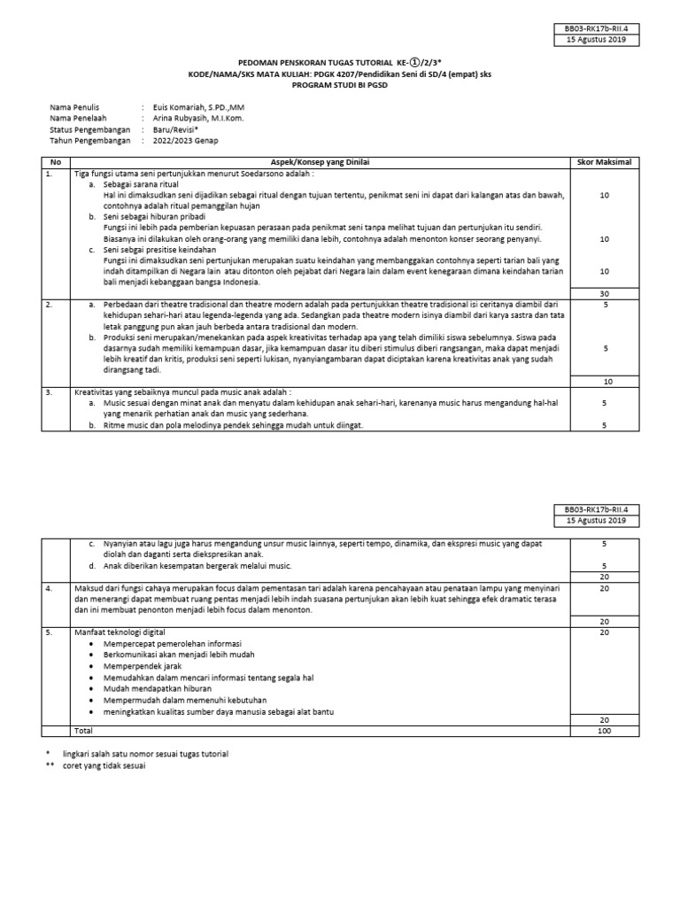Pedoman Penskoran Tugas Seni SD | PDF