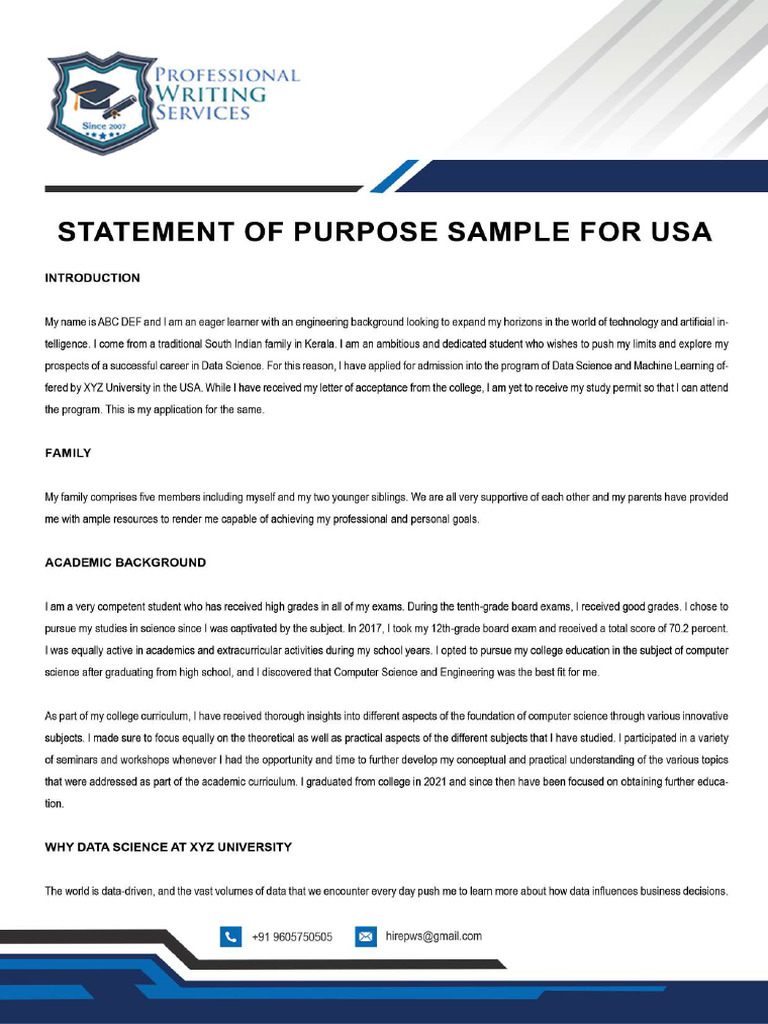 Statement of Purpose Sample For USA | PDF