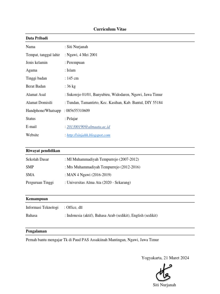 CV Pribadi - Siti Nurjanah | PDF