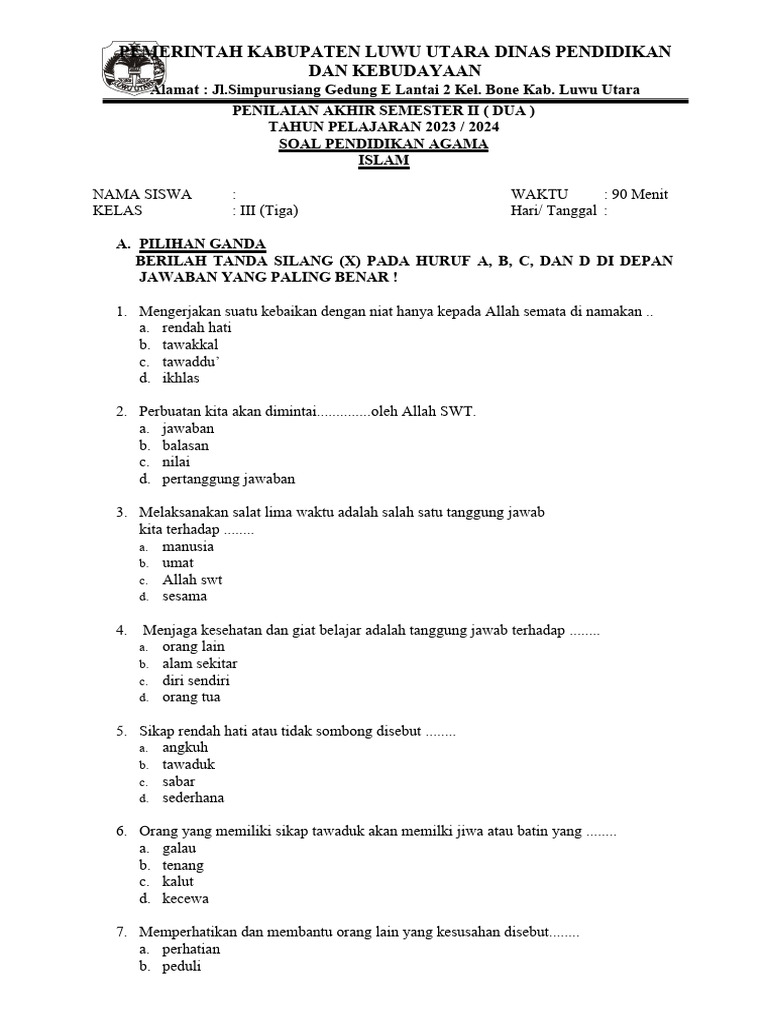 Soal Pai SMTR Ii KLS Iii PG THN 2024 Kur.13 | PDF