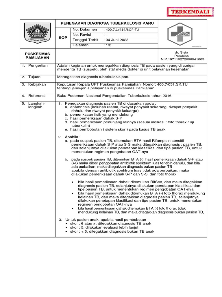Sop Penegakan Diagnosis TB Paru | PDF