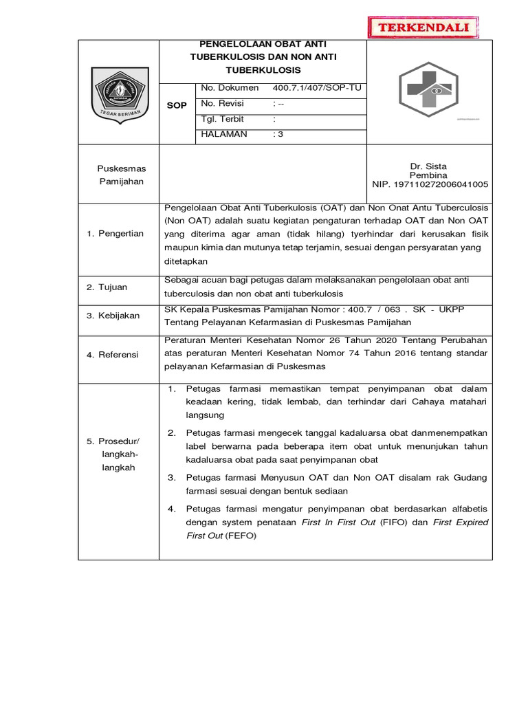 SOP PENGELOLAAN OBAT ANTI TUBERKULOSIS DAN NON ANTI TUBERKULOSIS Print ...