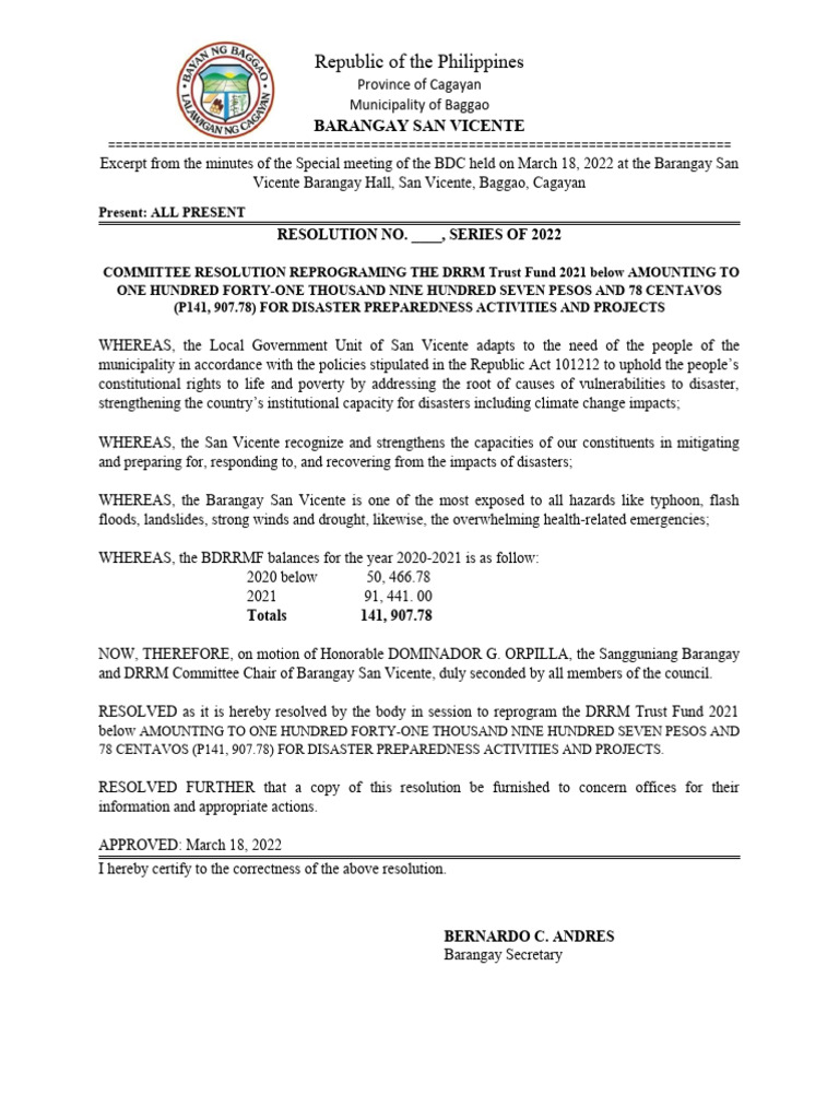 Resolution DRRM SAN VICENTE | PDF | Emergency Management | Natural Events