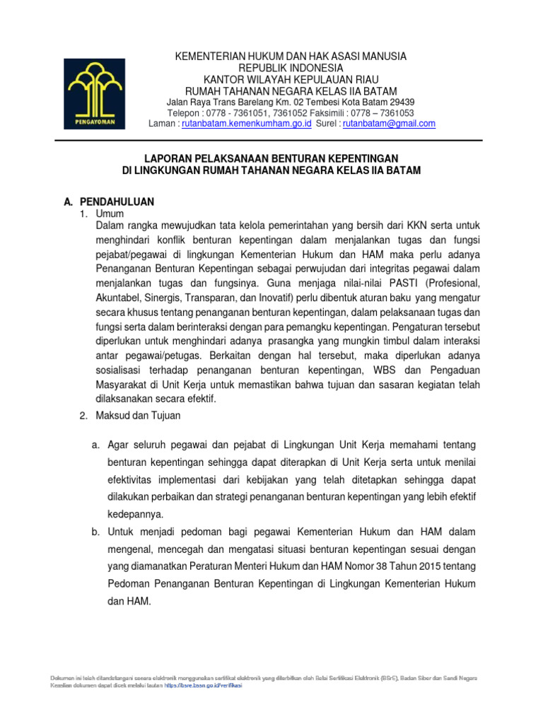 Laporan Pelaksanaan Penanganan Benturan Kepentingan wbk2024235203 | PDF