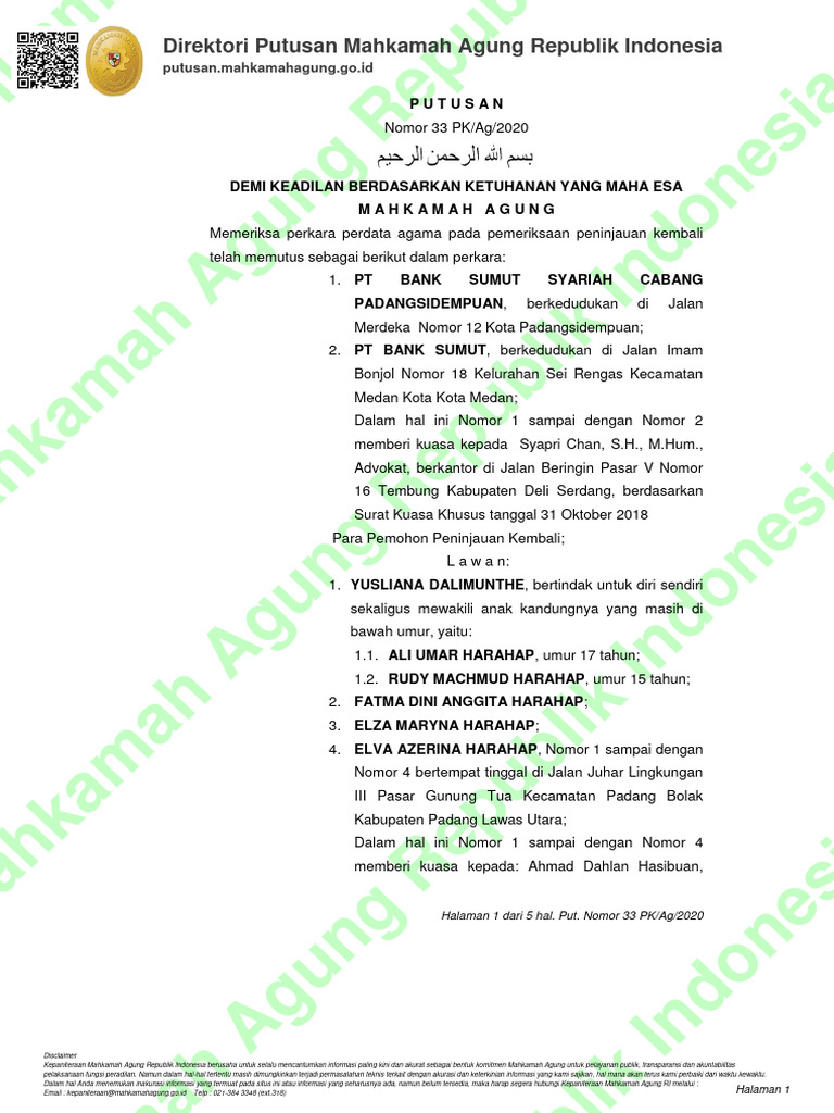 Yusliana Dalimunthe - Syariah - Putusan - 33 - PK - AG - 2020 - TOLAK | PDF