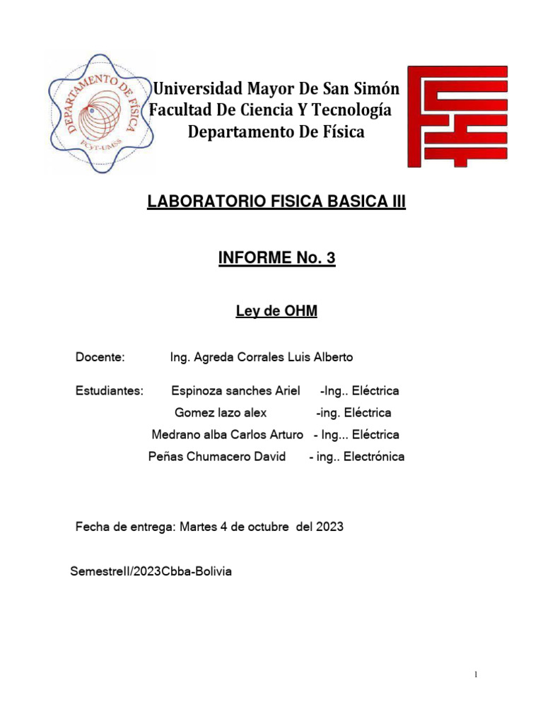 Informe 3 Lab Fis III LEY DE OHM (Recuperado Automáticamente) | PDF | voltaje | Resistencia ...