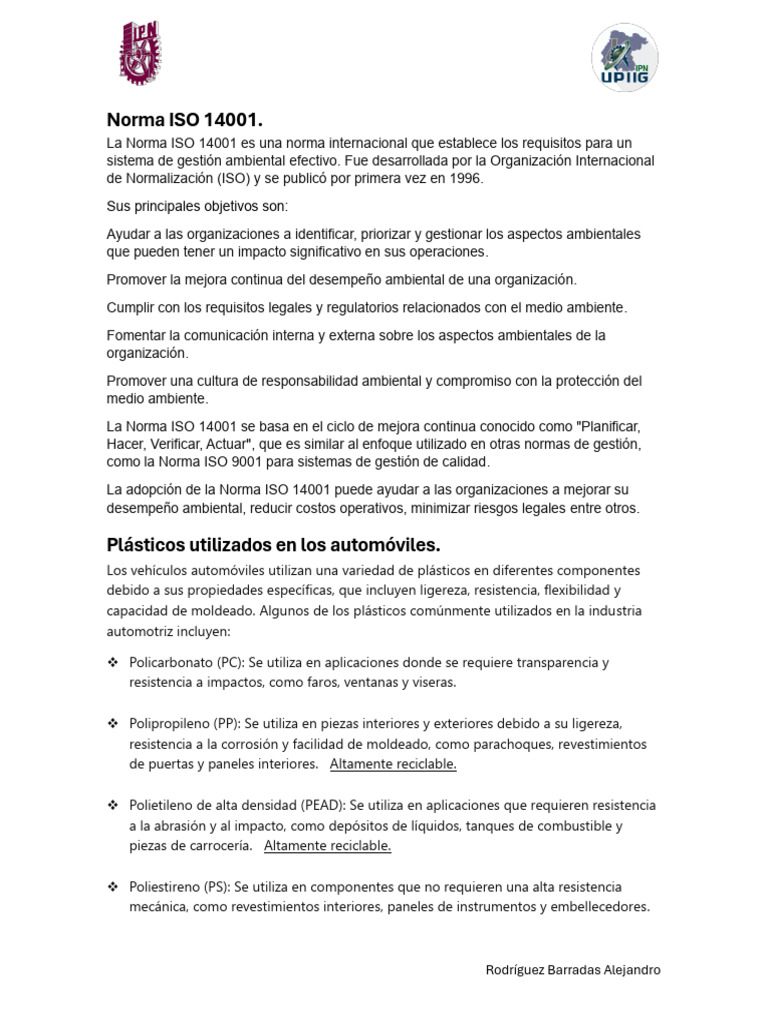 Norma ISO 14001 y Plásticos en Automóviles | PDF | El plastico | Materiales