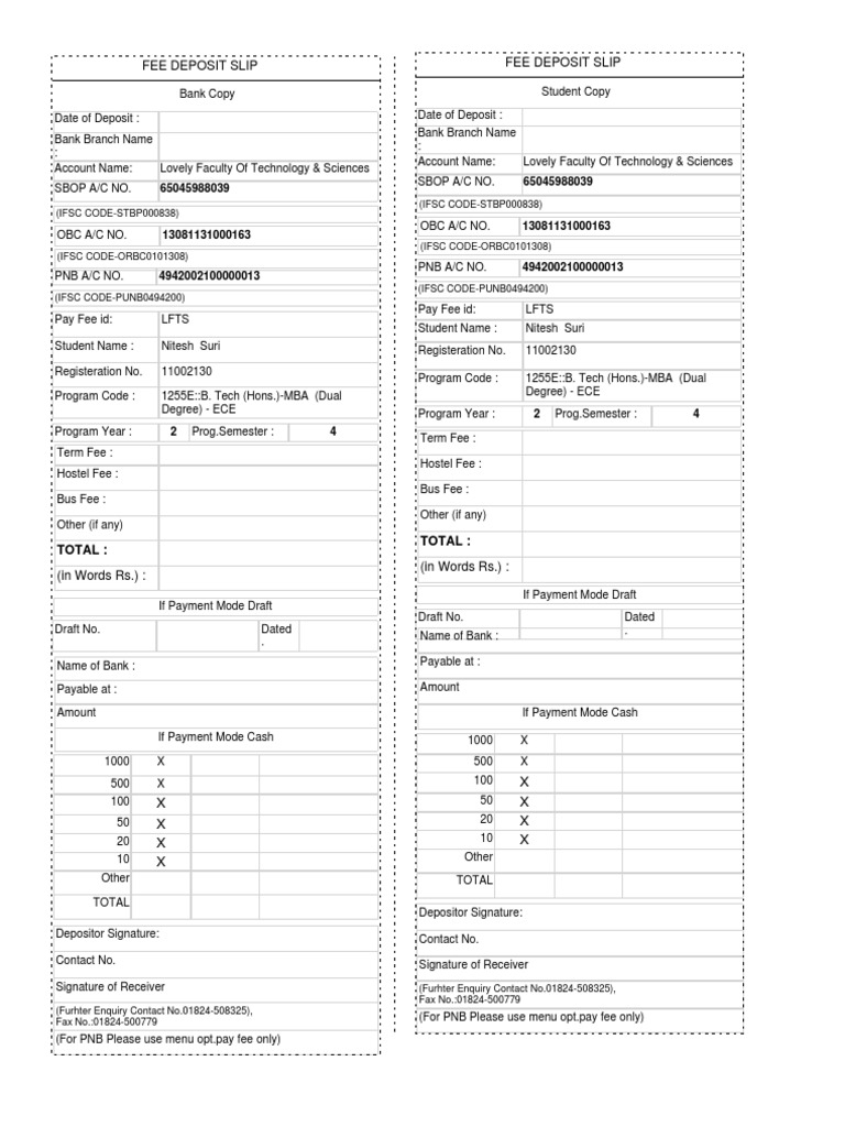 RPT Student Fee Deposit Slip | PDF | Finance & Money Management