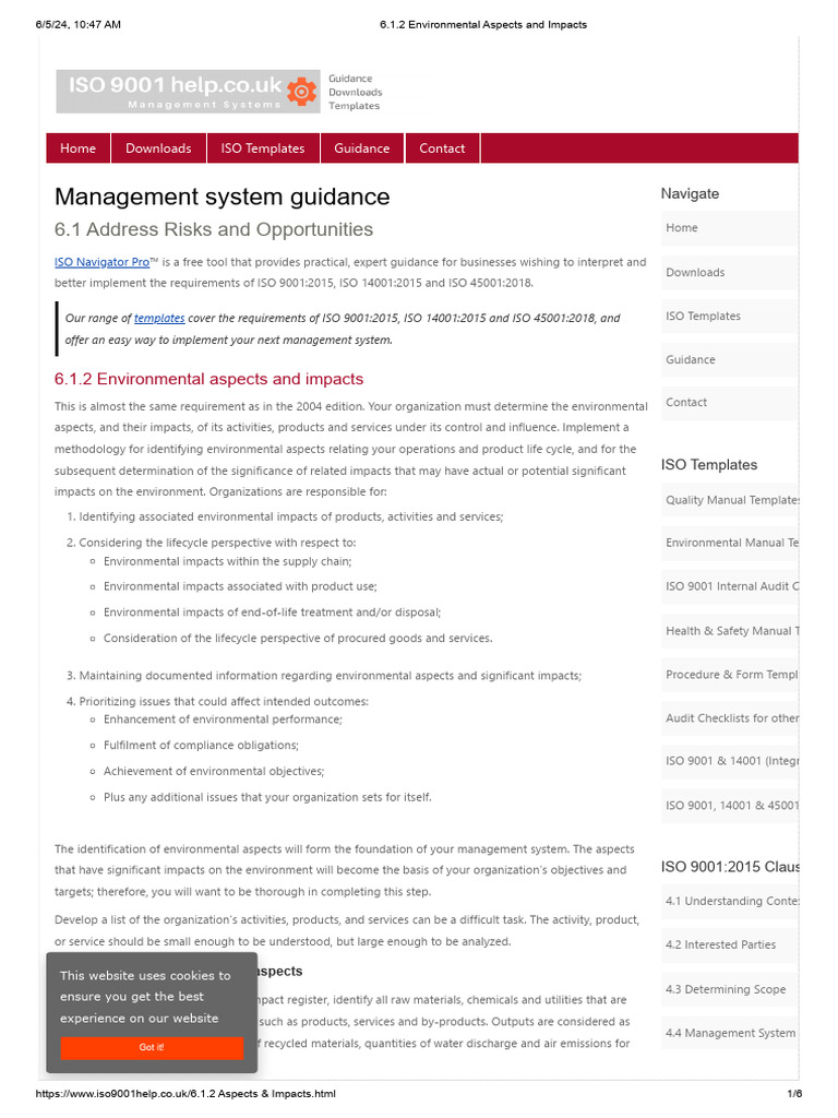 6.1.2 Environmental Aspects and Impacts | Download Free PDF | Risk | Iso 9000