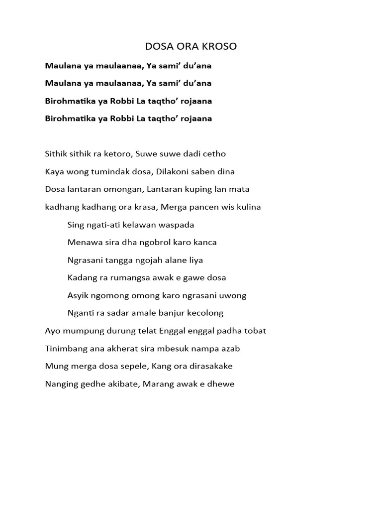 Lirik Sholawat Dosa Ora Kroso | PDF