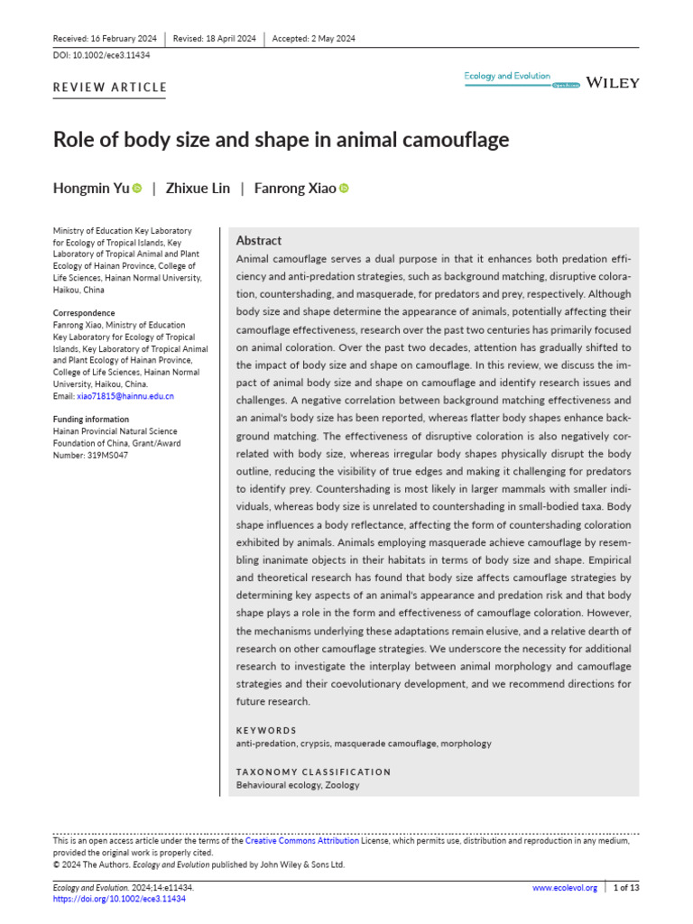 Role of Body Size and Shape in Animal Camouflage | PDF | Camouflage ...