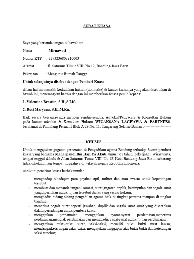 SURAT KUASA GUGAT CERAI | PDF