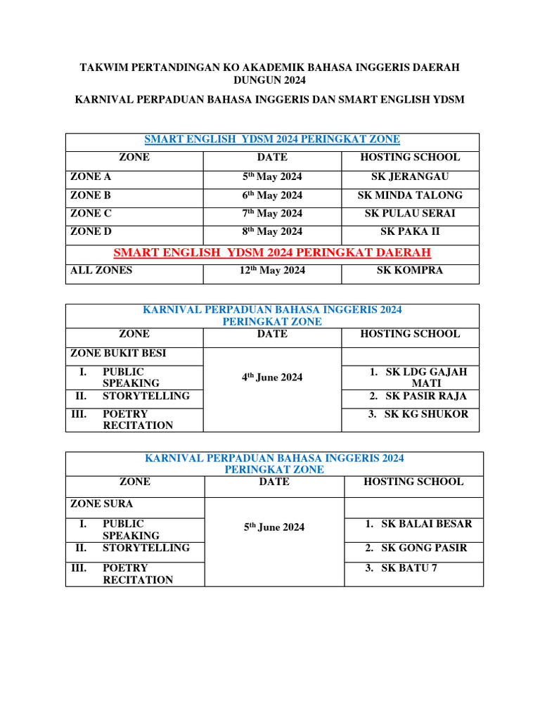 TAKWIM PERTANDINGAN KO AKADEMIK BAHASA INGGERIS DAERAH DUNGUN 2024 - Edited | PDF