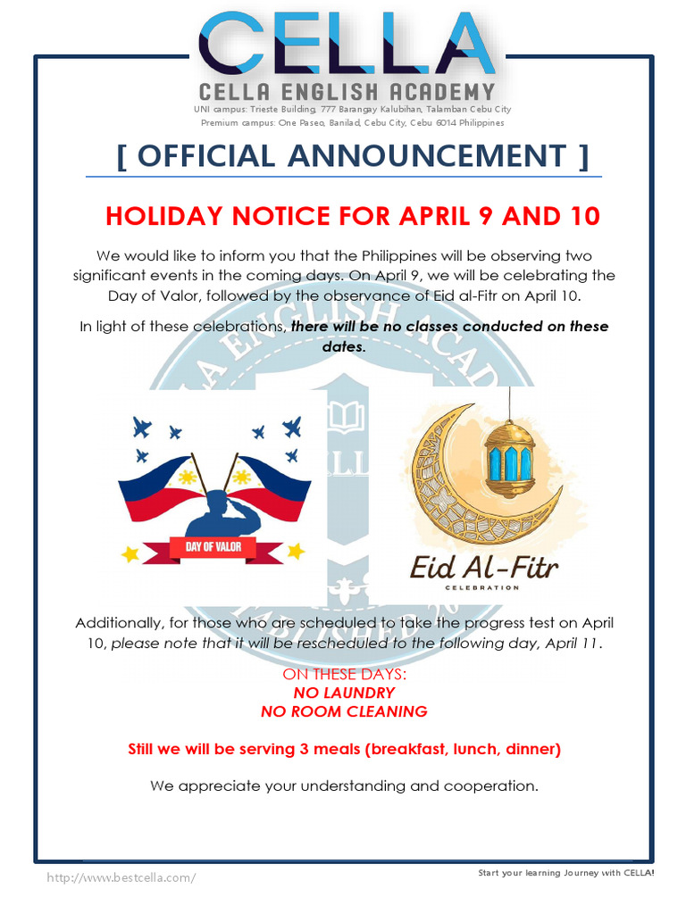 Holiday Notice for April Classes | PDF