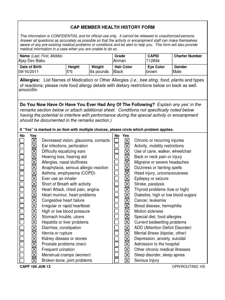 CAP Cadet Health History Form | PDF | Allergy | Heart