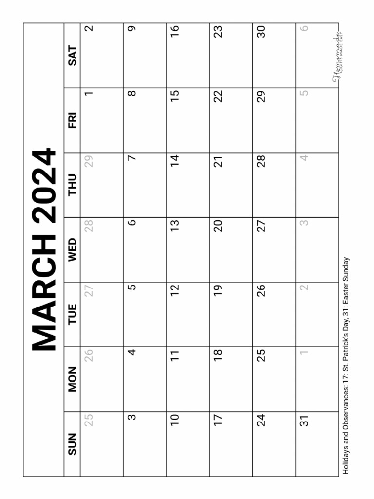 March Calendar 2024 Printable Blank | PDF