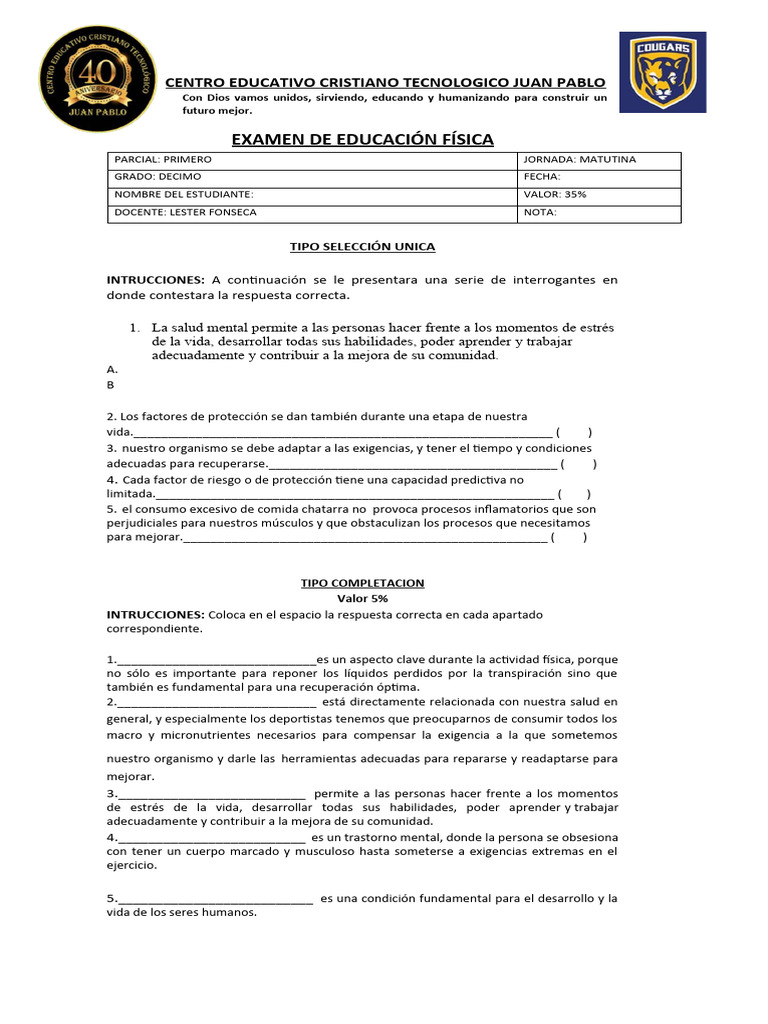 Examen de Educacion Fisica | PDF