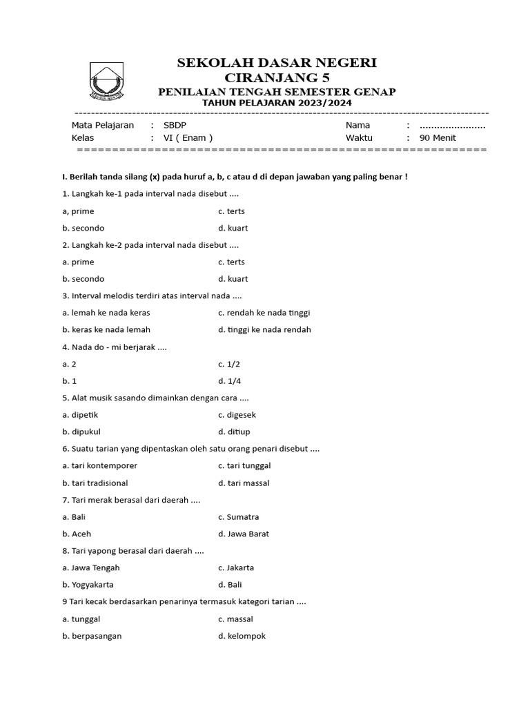 Soal Pts Kls VI SBDP Sem Genap | PDF