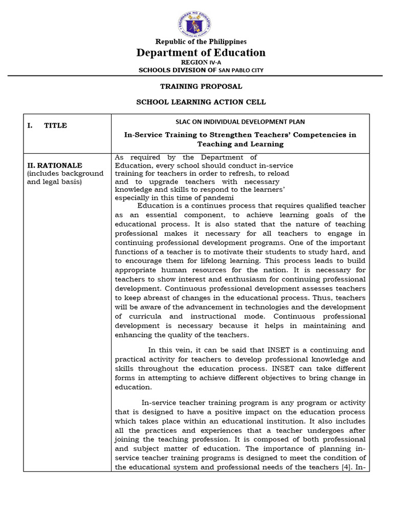 May 28, 2024 Idp Slac Training Proposal | PDF | Teachers | Teacher ...