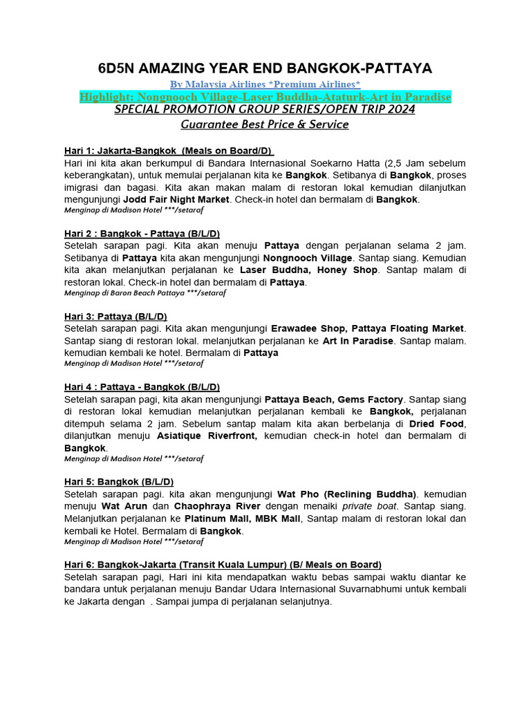6D5N Amazing End Year Bangkok Pattaya by MH 2024 | PDF | Bisnis | Teknologi & Rekayasa