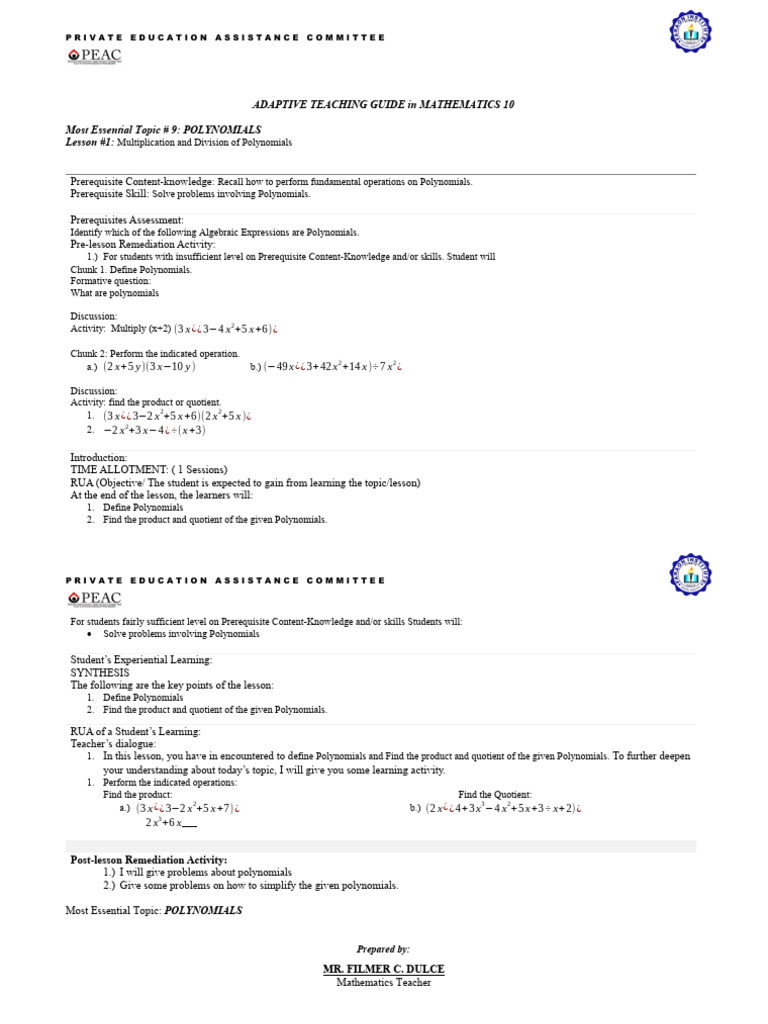 ADAPTIVE - TEACHING-in MATH 10 LESSON 1 Q.3 | PDF | Polynomial | Mathematics