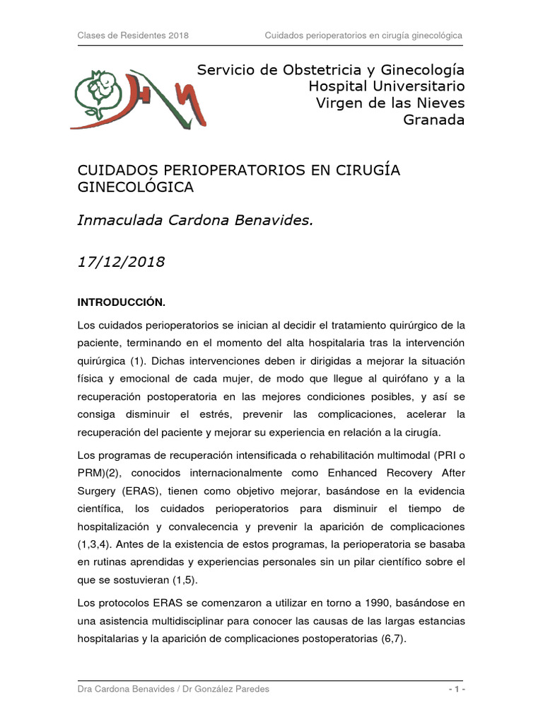 Clase2018 Cuidados Perioperatorios Cirugia Gine | PDF | Terapia de ...