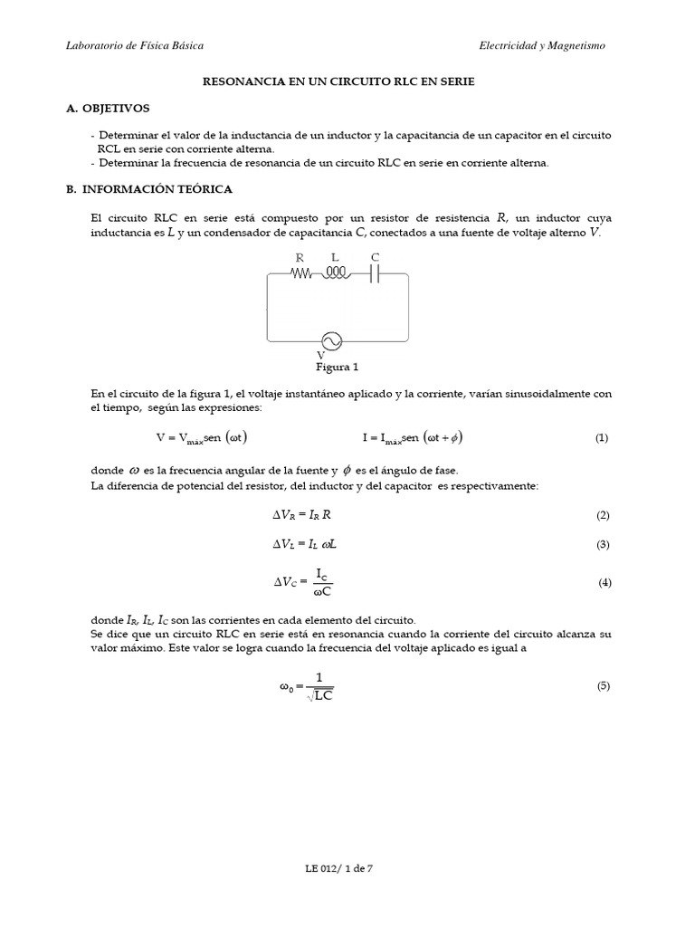 LE-012 Resonancia en Un Circuito RLC en Serie | PDF | Inductor | Red eléctrica